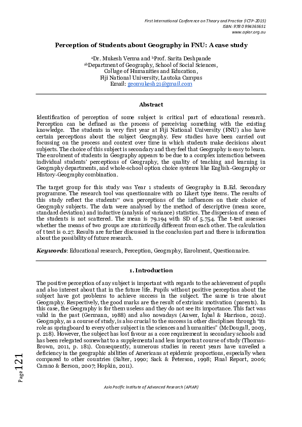 (PDF) Perception of Students about Geography in FNU: A case study