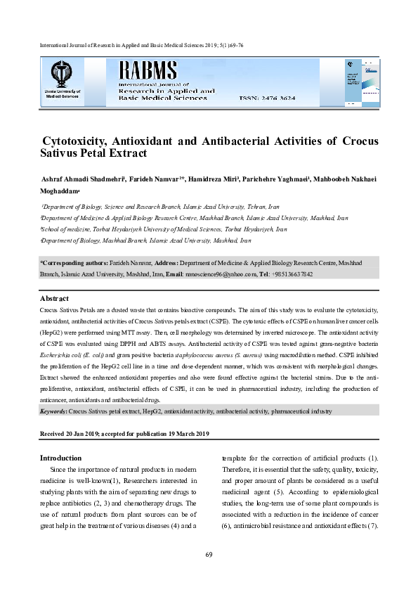 (PDF) Cytotoxicity, Antioxidant and Antibacterial Activities of Crocus Sativus Petal Extract