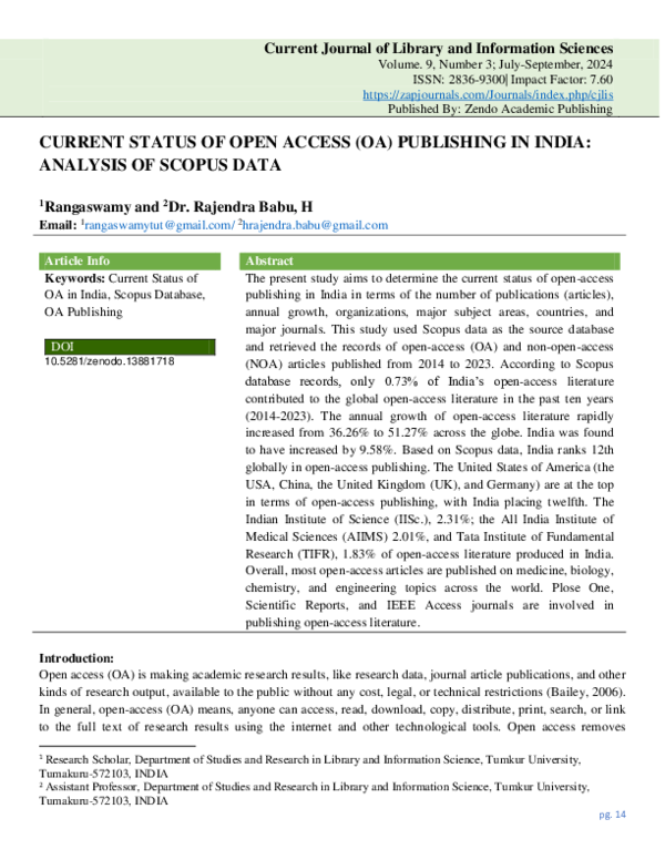 (PDF) CURRENT STATUS OF OPEN ACCESS (OA) PUBLISHING IN INDIA: ANALYSIS ...