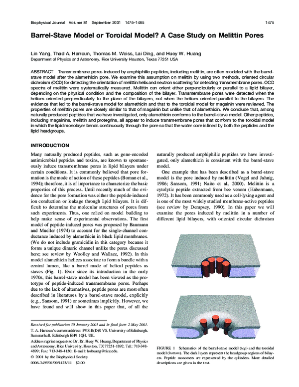 (PDF) Barrel-Stave Model or Toroidal Model? A Case Study on Melittin Pores