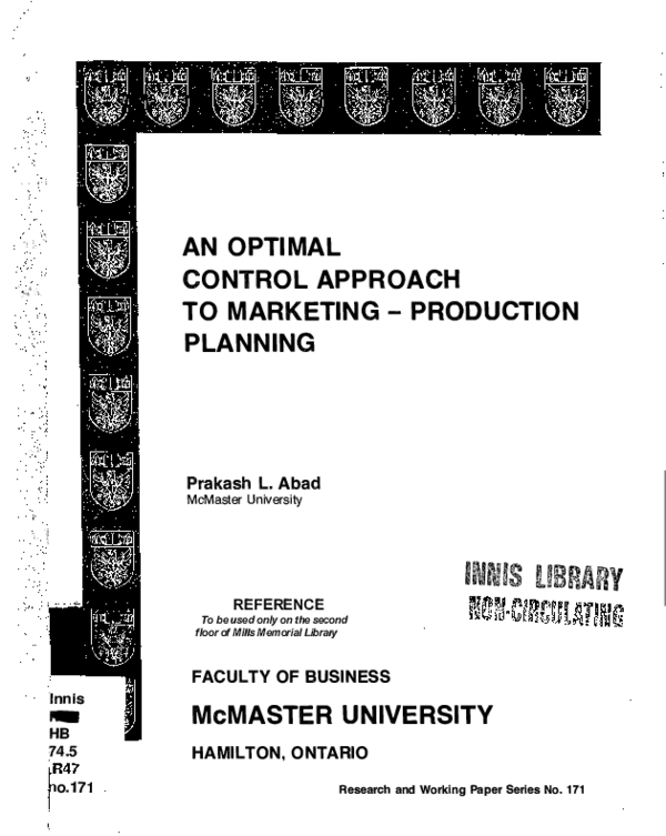 (PDF) Optimal Control in Marketing-Production Planning