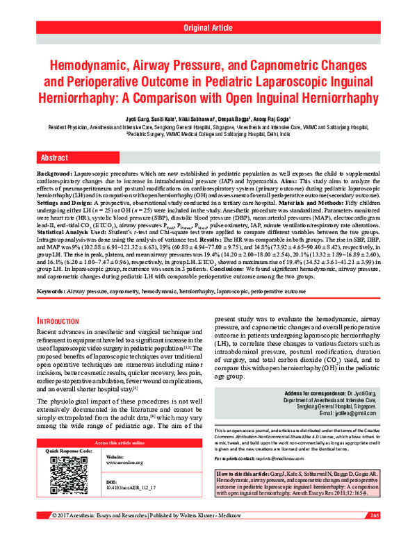 (PDF) Hemodynamic and Outcomes in Pediatric Laparoscopic vs. Open Herniorrhaphy
