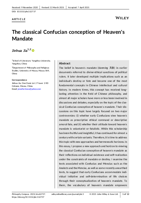 (PDF) The classical Confucian conception of Heaven's Mandate