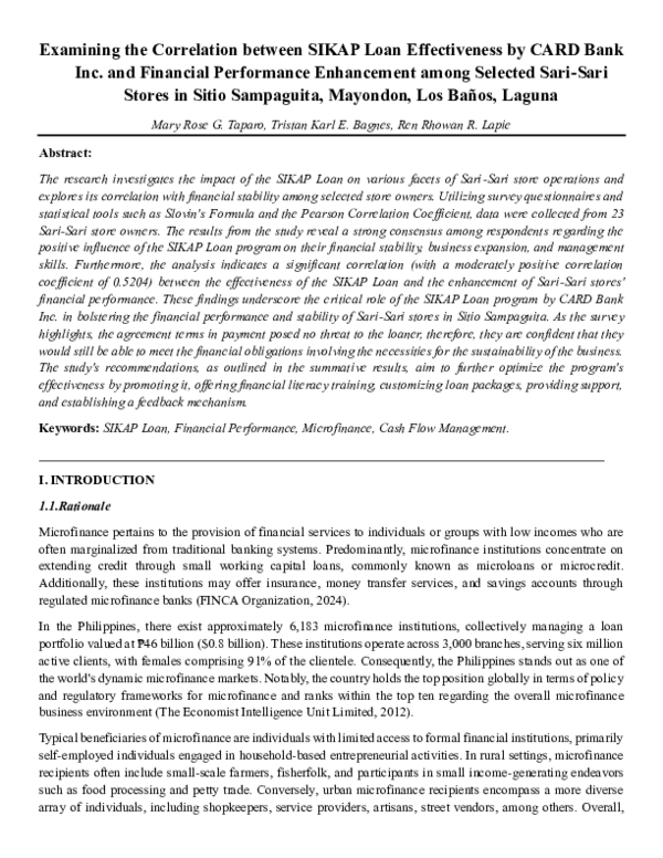 (PDF) Examining the Correlation between SIKAP Loan Effectiveness by CARD Bank Inc. and Financial ...