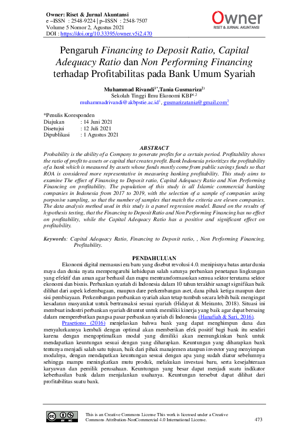 (PDF) Pengaruh Financing to Deposit Ratio, Capital Adequacy Ratio dan ...
