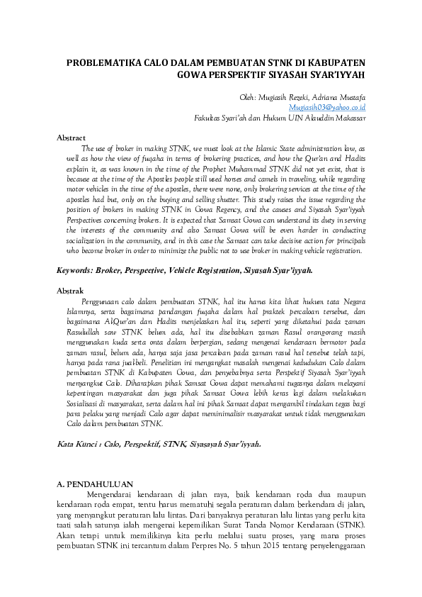 (PDF) Problematika Calo Dalam Pembuatan STNK DI Kabupaten Gowa Perspektif Siyasah Syar’Iyyah
