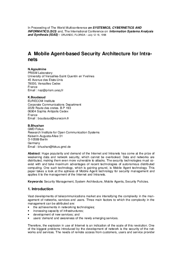 (PDF) A mobile agent-based security architecture for Intranets | Nazim Agoulmine - Academia.edu