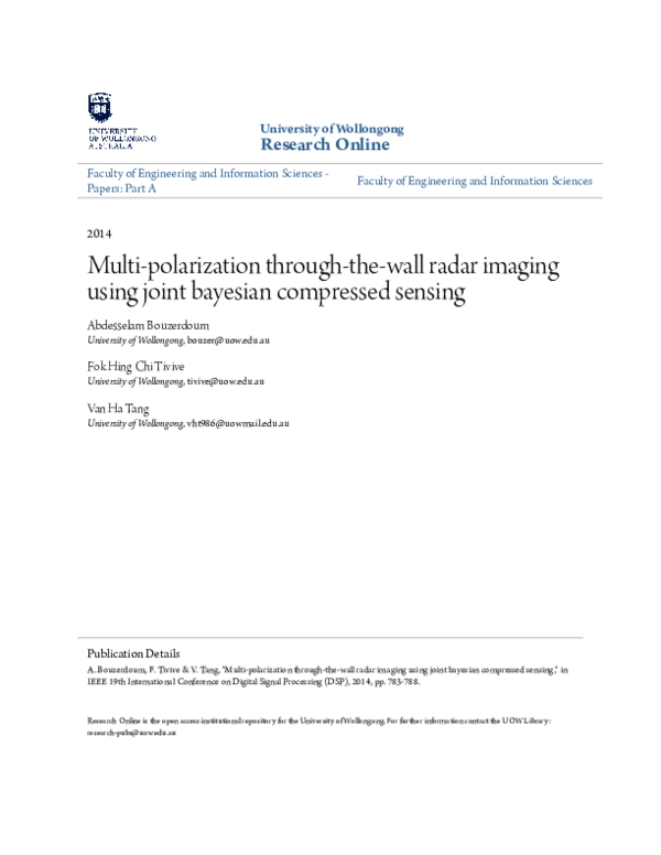 Pdf Multi Polarization Through The Wall Radar Imaging Using Joint Bayesian Compressed Sensing 9157