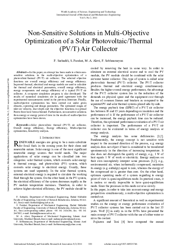 (PDF) Non-Sensitive Solutions in Multi-Objective Optimization of a Solar Photovoltaic/Thermal(PV ...