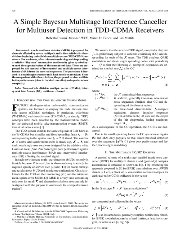 Pdf A Simple Bayesian Multistage Interference Canceller For Multiuser Detection In Tdd Cdma