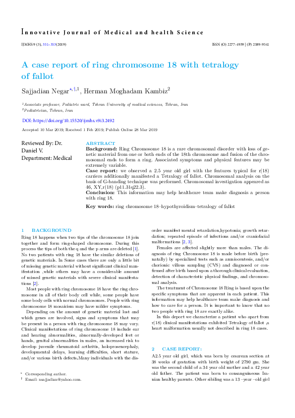 (PDF) A case report of ring chromosome 18 with tetralogy of fallot