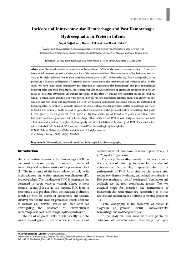 (PDF) Incidence of intraventricular hemorrhage and post hemorrhagic hydrocephalus in preterm ...