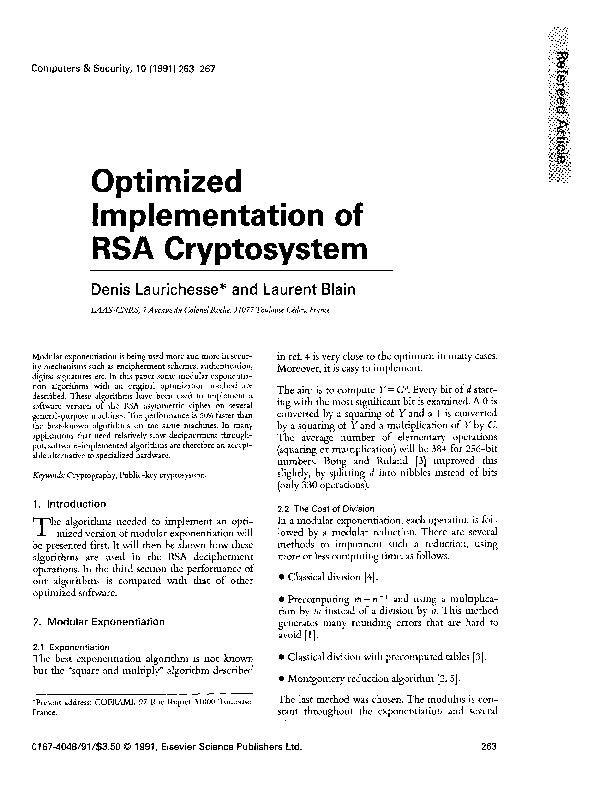 (PDF) Optimized implementation of RSA cryptosystem