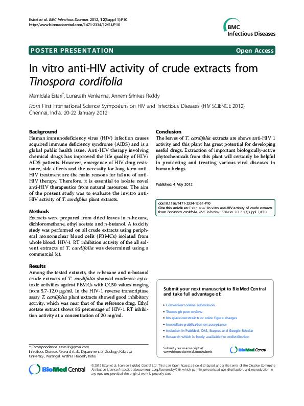(PDF) In vitro anti-HIV activity of crude extracts from Tinospora cordifolia