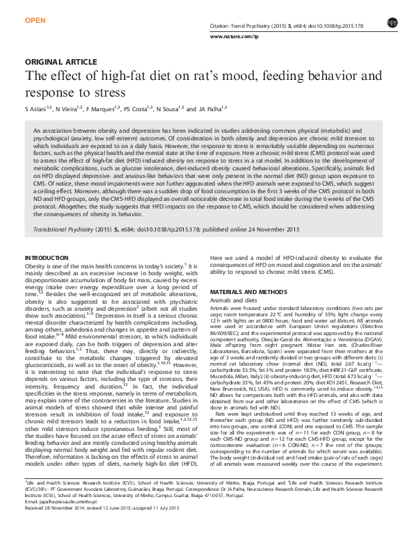 (PDF) The effect of high-fat diet on rat’s mood, feeding behavior and ...