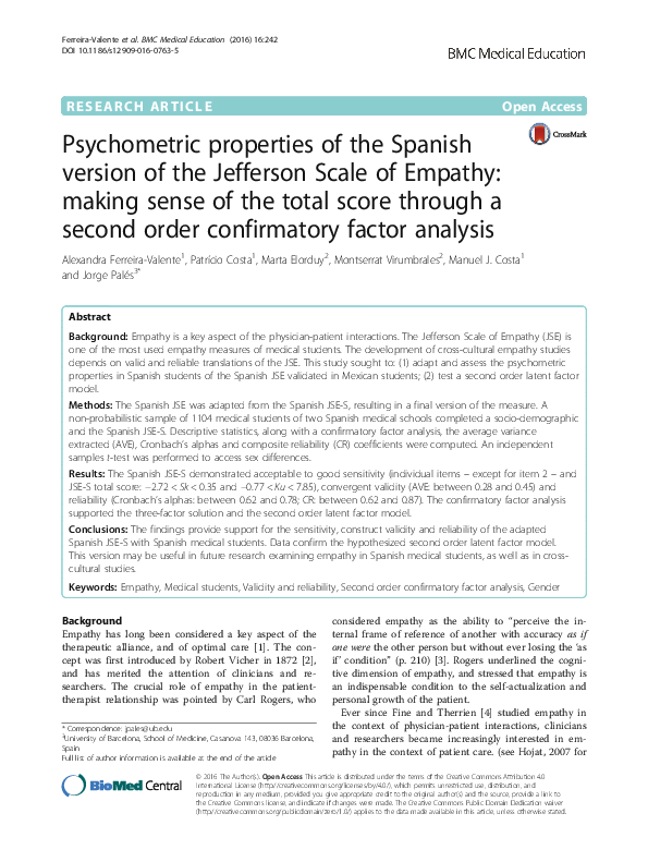 (PDF) Psychometric properties of the Spanish version of the Jefferson Scale of Empathy: making ...
