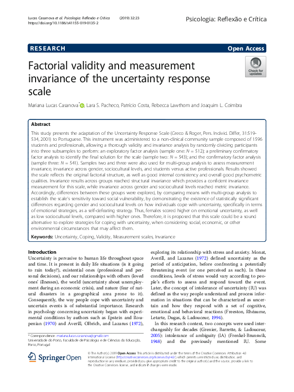 (PDF) Factorial validity and measurement invariance of the uncertainty ...