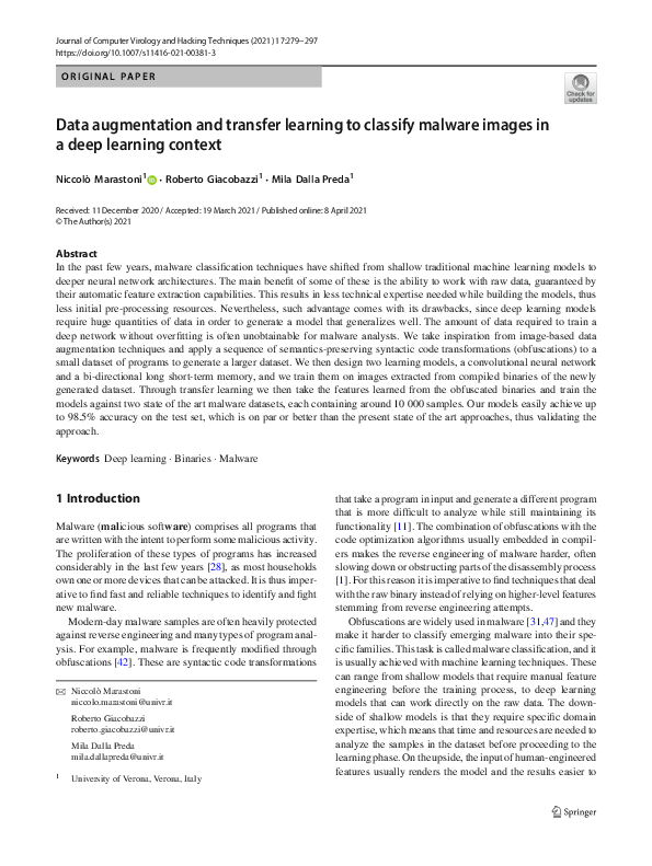 (PDF) Data augmentation and transfer learning to classify malware images in a deep learning context