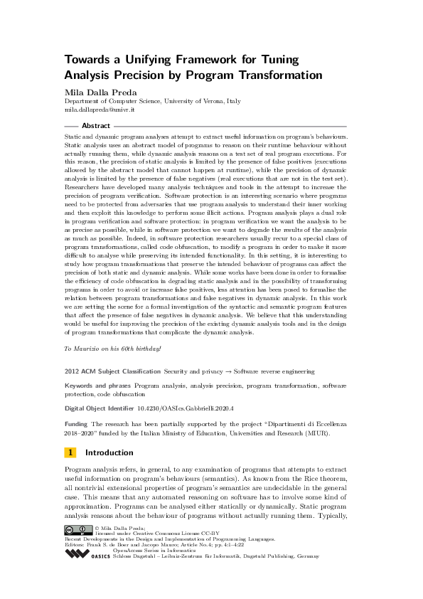 (PDF) Towards a Unifying Framework for Tuning Analysis Precision by Program Transformation