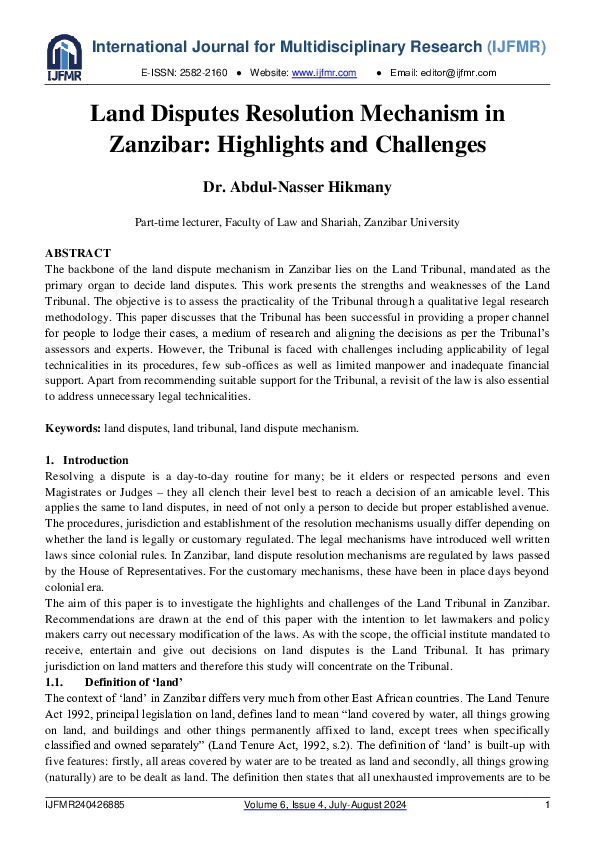 (PDF) Land Disputes Resolution Mechanism in Zanzibar: Highlights and ...