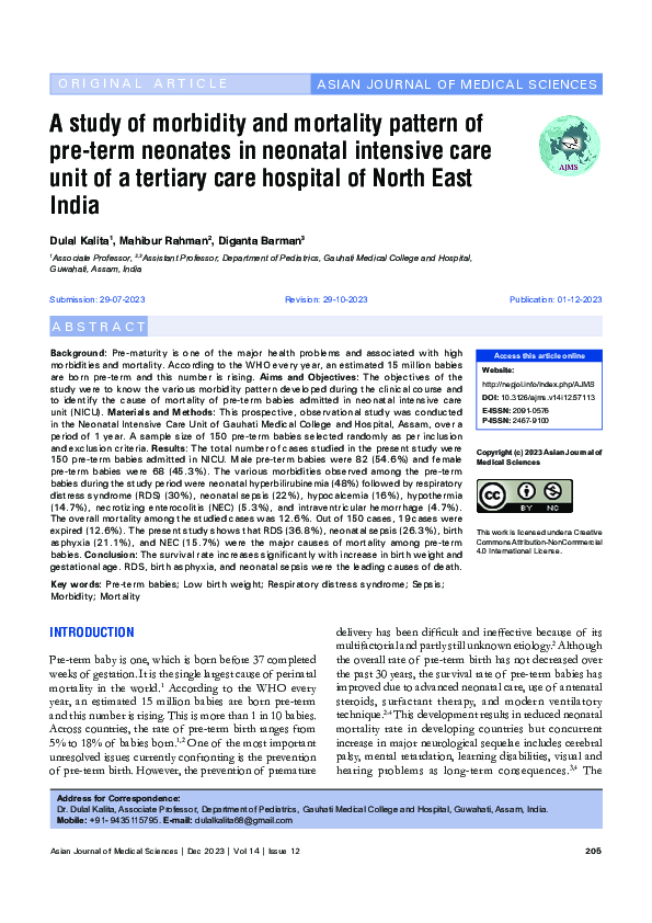 (PDF) A study of morbidity and mortality pattern of pre-term neonates ...