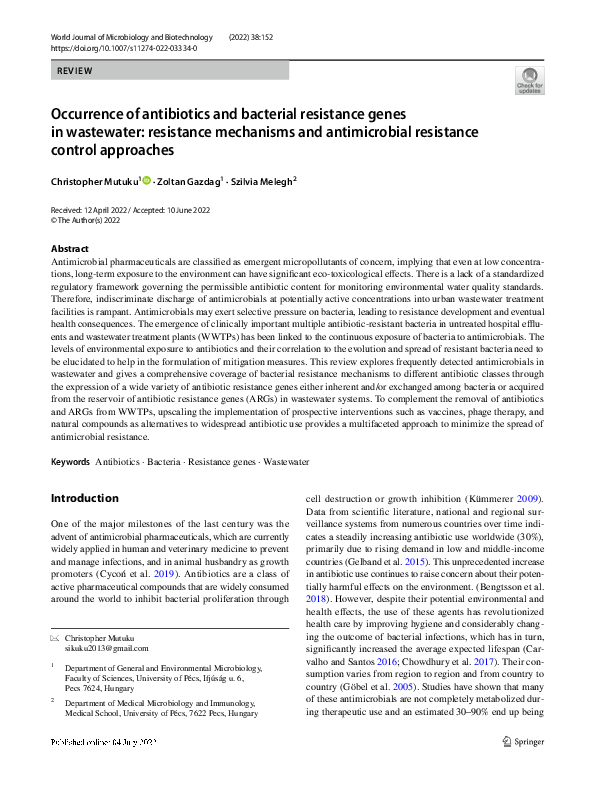 (PDF) Occurrence of antibiotics and bacterial resistance genes in wastewater: resistance ...