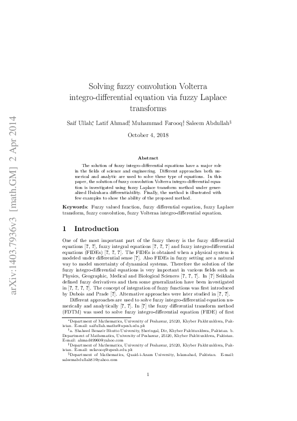 (PDF) Solving fuzzy convolution Volterra integro-differential equation via fuzzy Laplace ...