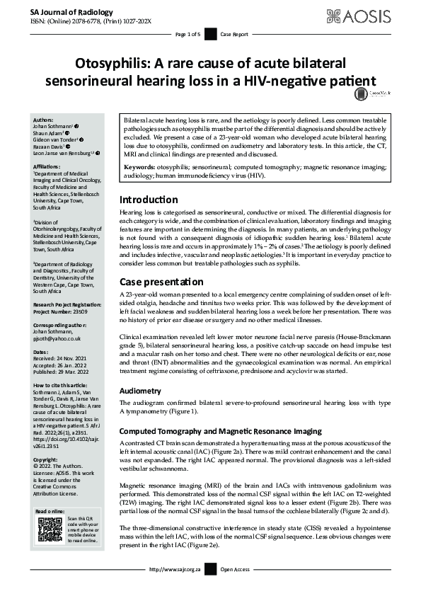 (PDF) Otosyphilis: A rare cause of acute bilateral sensorineural ...