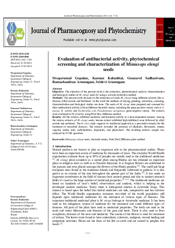 (PDF) Evaluation of antibacterial activity, phytochemical screening and characterization of ...
