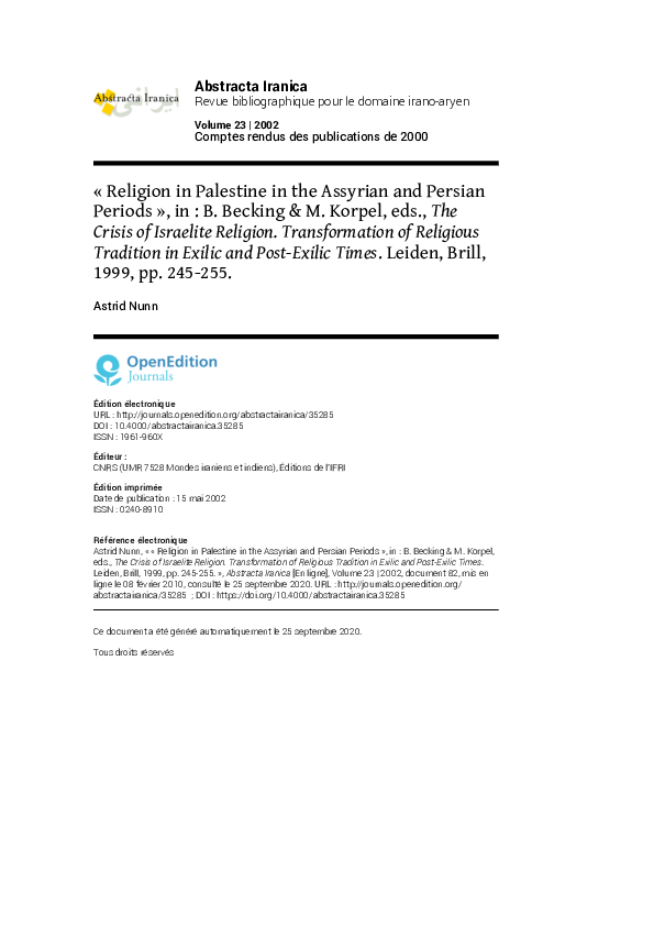 (PDF) The crisis of Israelite religion: transformation of religious ...