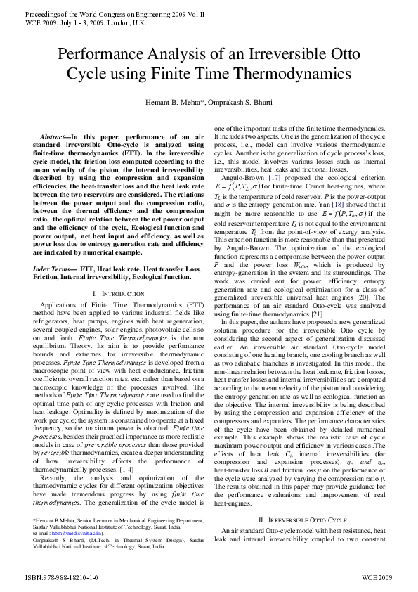 (PDF) Performance analysis of an irreversible Otto cycle using finite time thermodynamics