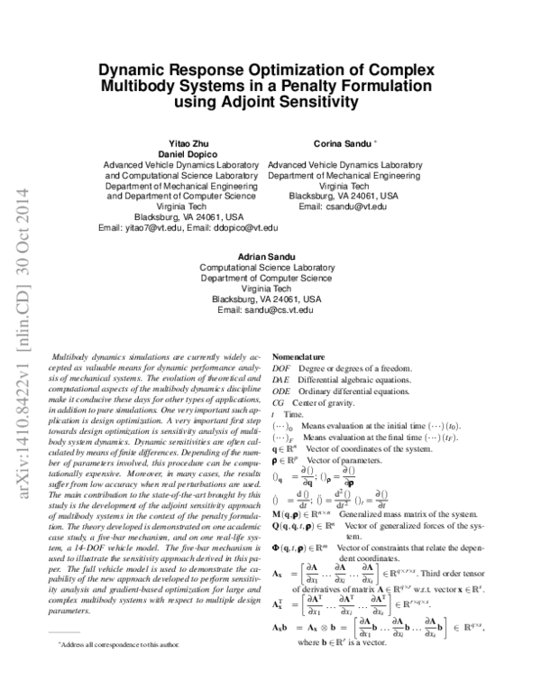 (PDF) Dynamic Response Optimization of Complex Multibody Systems in a Penalty Formulation using ...