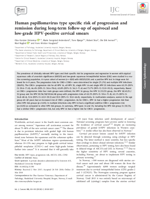(PDF) Human papillomavirus type specific risk of progression and ...