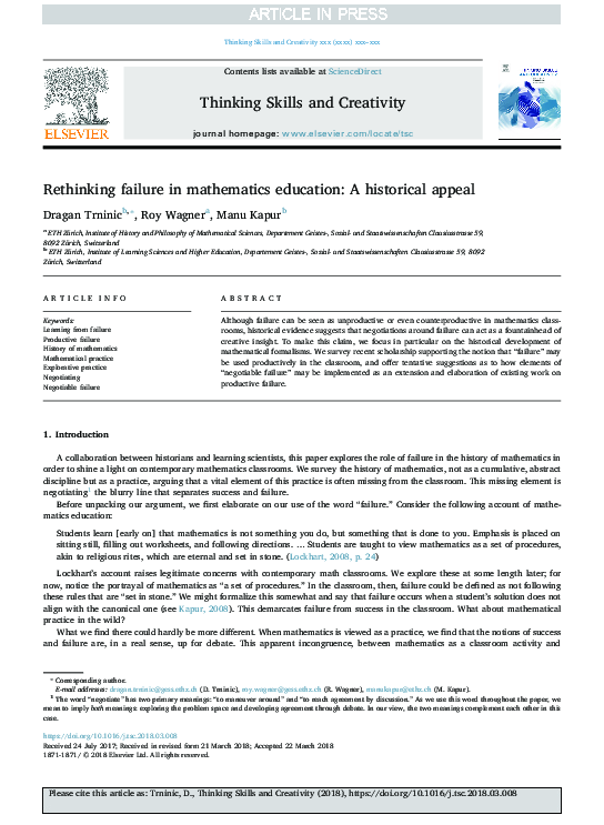 (PDF) Rethinking failure in mathematics education: A historical appeal