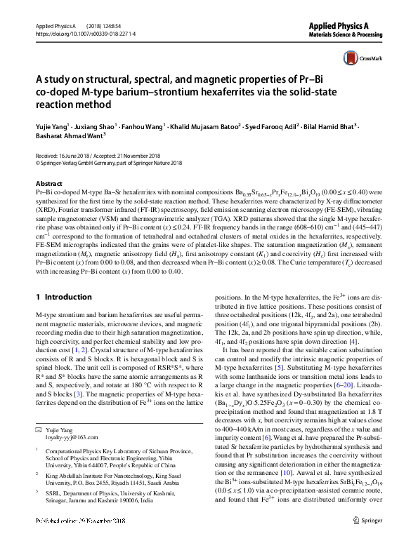 (PDF) A study on structural, spectral, and magnetic properties of Pr–Bi co-doped M-type barium ...