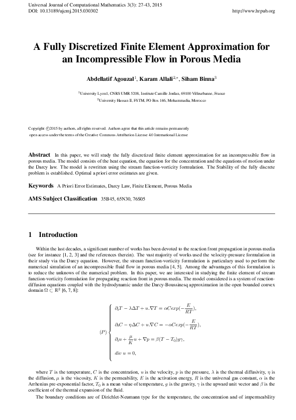 Pdf A Fully Discretized Finite Element Approximation For An Incompressible Flow In Porous