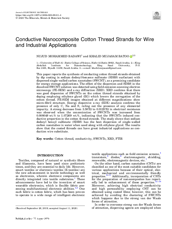 (PDF) Conductive Nanocomposite Cotton Thread Strands for Wire and ...