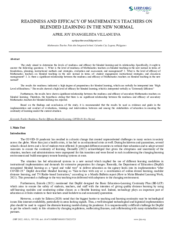 (PDF) Readiness and Efficacy of Mathematics Teachers on Blended Learning in the New Normal