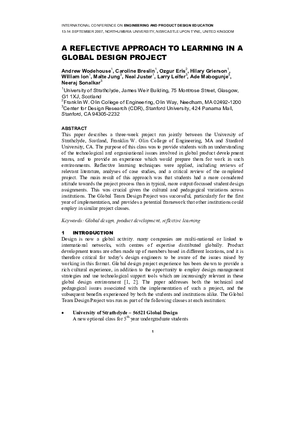 (PDF) A reflective approach to learning in a global design product
