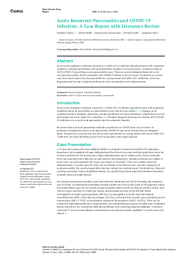 (PDF) Acute Recurrent Pancreatitis and COVID-19 Infection: A Case ...