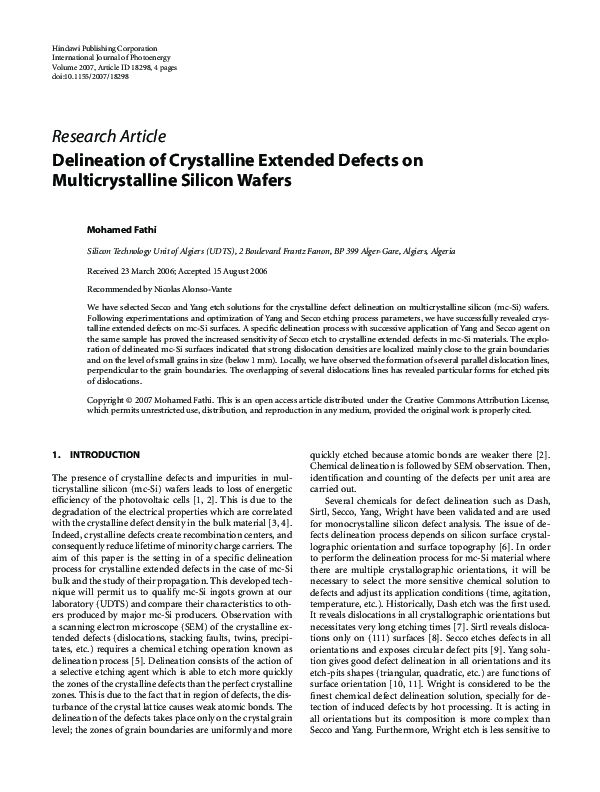 (PDF) Delineation of Crystalline Extended Defects on Multicrystalline ...