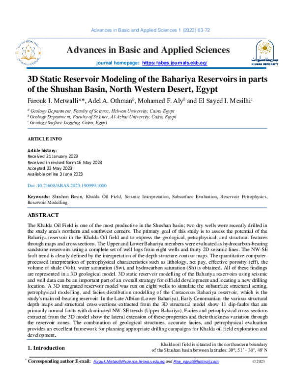 (PDF) 3D Static Reservoir Modeling of the Bahariya Reservoirs in parts ...