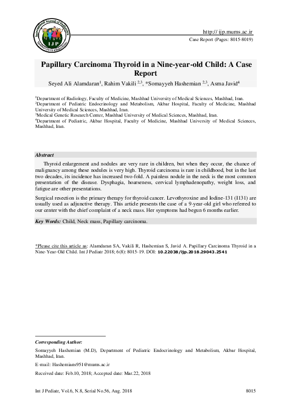 (PDF) Papillary Carcinoma Thyroid in a Nine-year-old Child: A Case Report | Asma Javid ...
