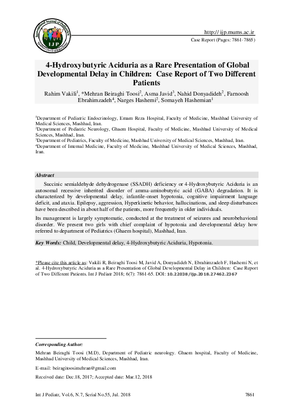 (PDF) 4-Hydroxybutyric Aciduria as a Rare Presentation of Global Developmental Delay in Children ...