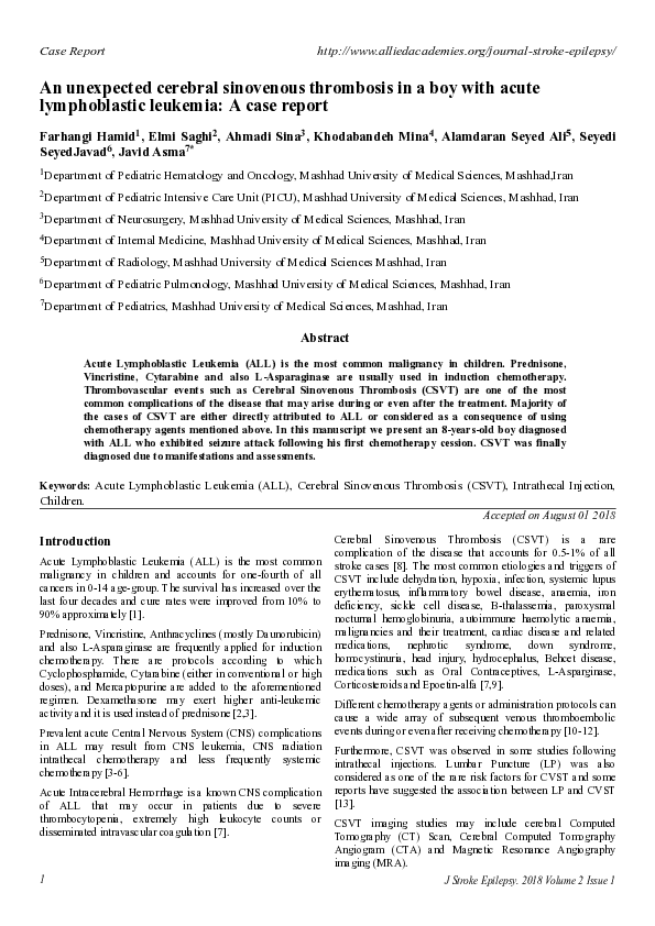 (PDF) An unexpected cerebral sinovenous thrombosis in a boy with acute lymphoblastic leukemia: A ...