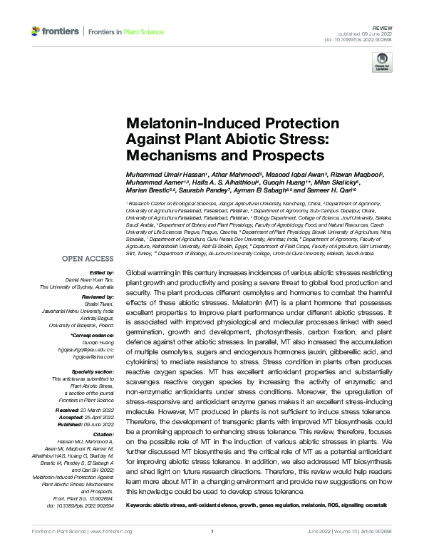 (PDF) Melatonin-Induced Protection Against Plant Abiotic Stress: Mechanisms and Prospects