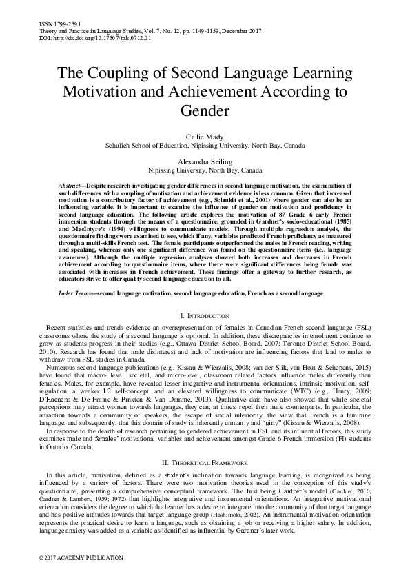 (PDF) The Coupling of Second Language Learning Motivation and Achievement According to Gender