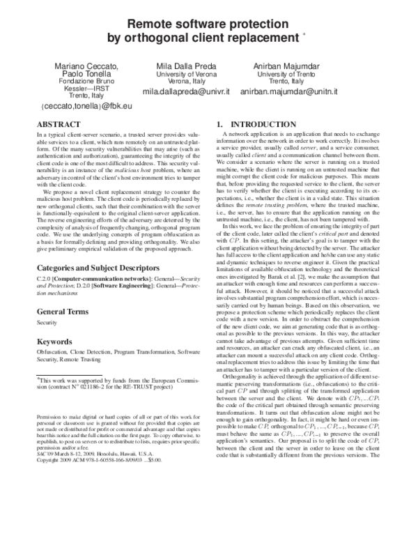 (PDF) Remote software protection by orthogonal client replacement ...