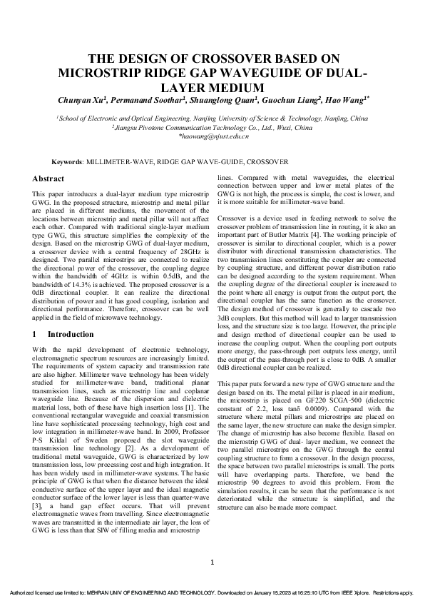 Pdf The Design Of Crossover Based On Microstrip Ridge Gap Waveguide Of Dual Layer Medium