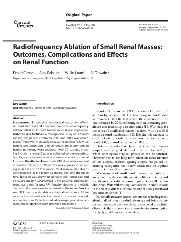(PDF) Radiofrequency Ablation of Small Renal Masses: Outcomes, Complications and Effects on ...